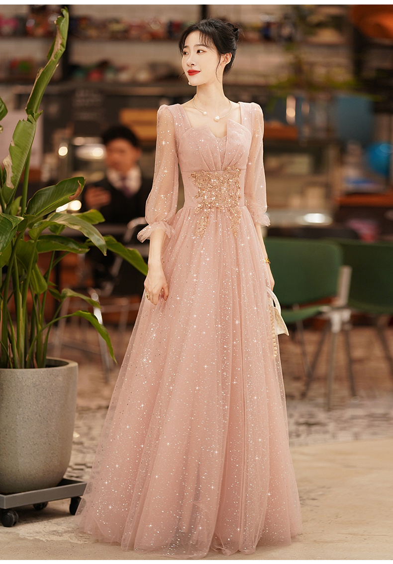 Pink Glitter Tulle Graduation Party Gowns With 3/4 Sleeves Elegant A ...