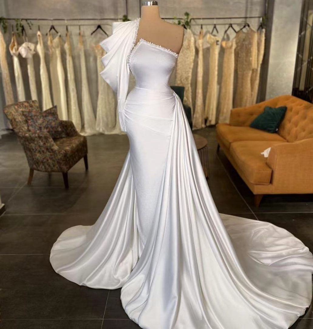 One Shoulder White Prom Dresses Long Sleeve Mermaid Formal Evening ...