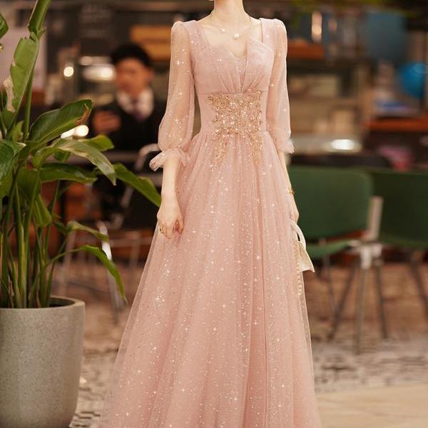 Pink Glitter Tulle Graduation Party Gowns With 3/4 Sleeves Elegant A ...