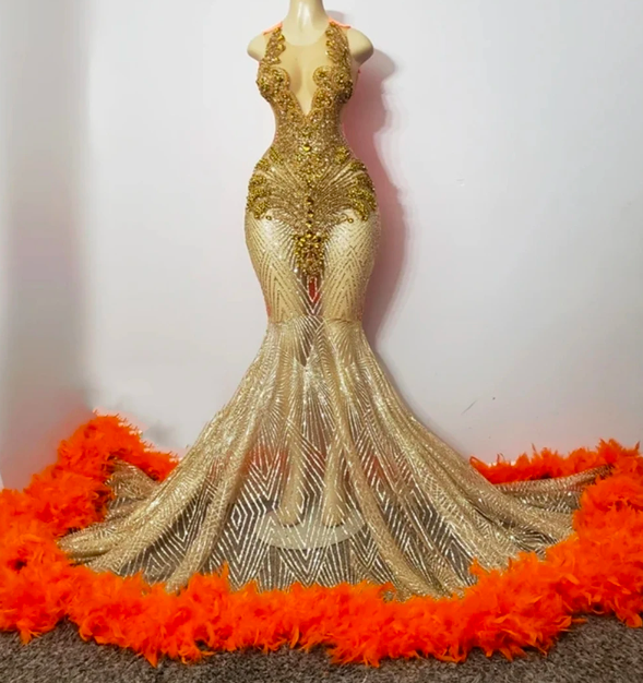 Orange Feather Train Gold Crystal Halter Prom Dresses For Black Girls ...