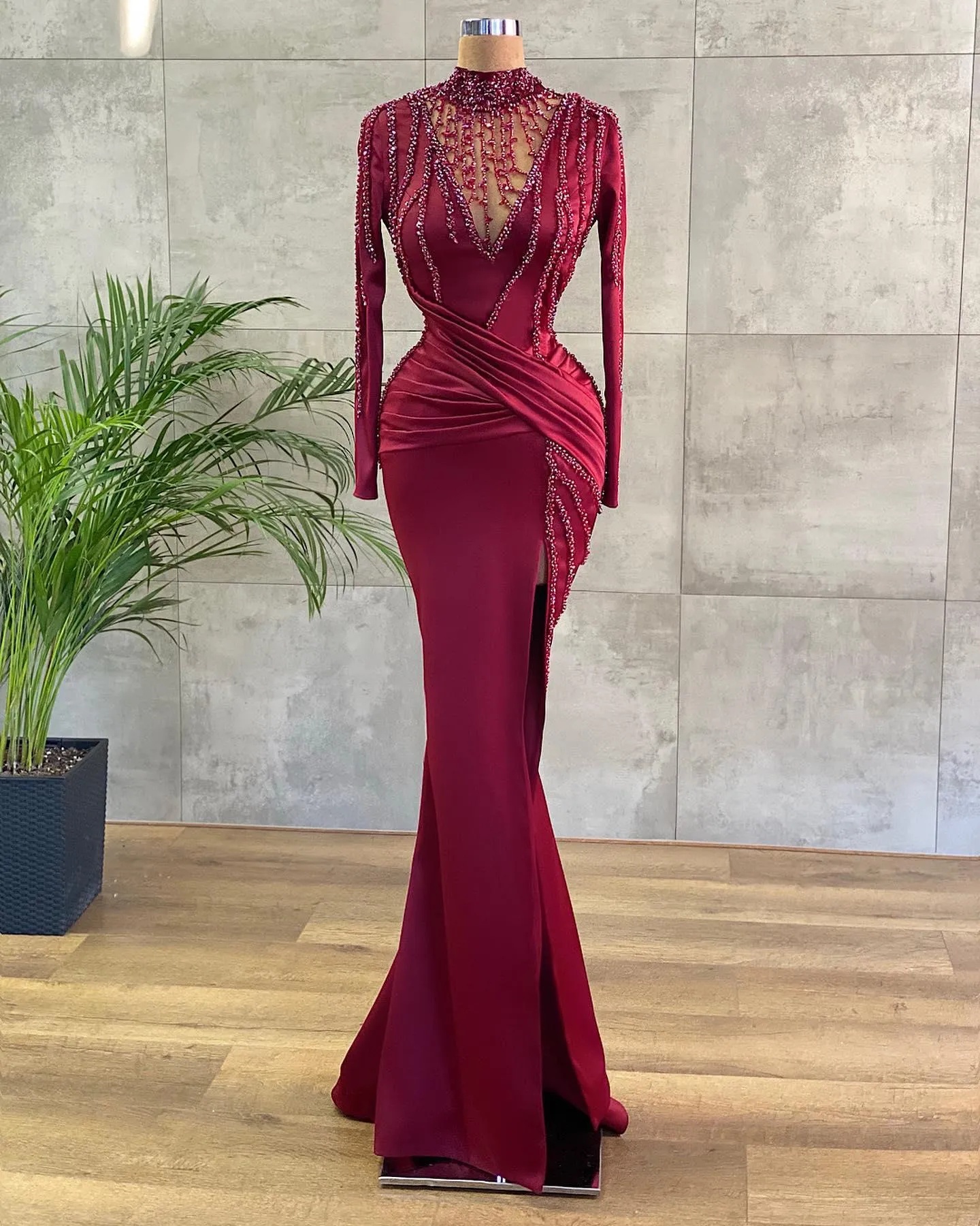 Plus Size Arabic Aso Ebi Burgundy Mermaid Luxurious Prom Dresses Beaded ...