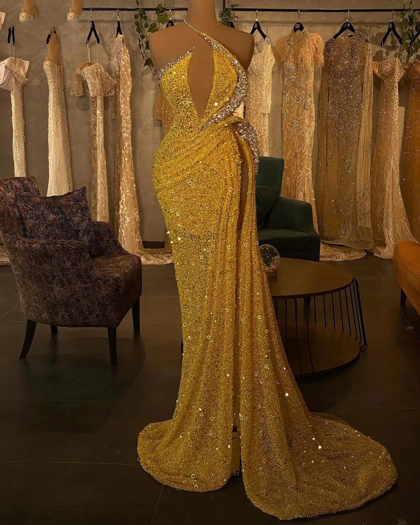 Sequined Shiny Yellow Prom Dresses Sexy Halter Sparkle Rhinestones ...