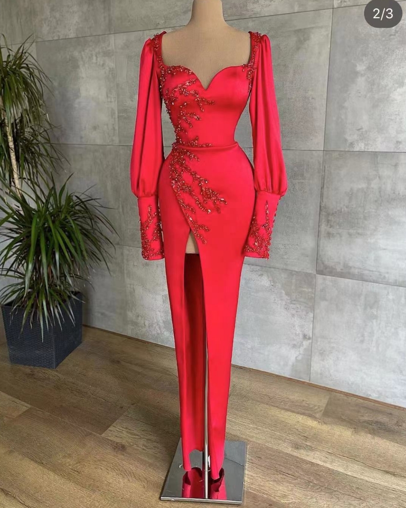 Red Front Slit Prom Dresses Long For Women 2025 Satin Pearls Beading ...
